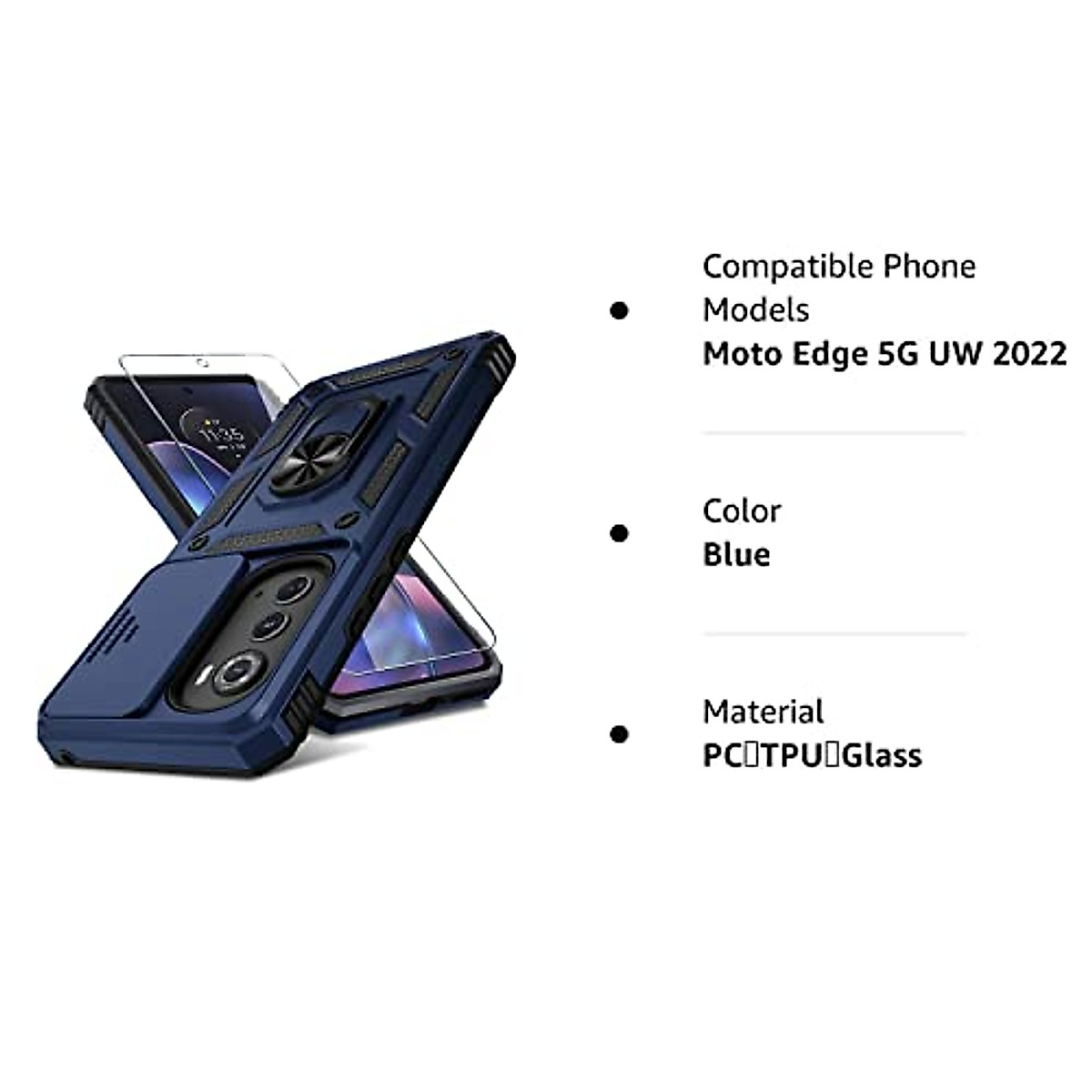 Motorola Moto Edge 2022 Case Built in Slide Camera Cover and Screen Protector [Not for Edge Plus],Heavy Duty Shockproof Full Body Phone Cover,Built in Finger Ring Stable Holder Kickstand,2022 Blue