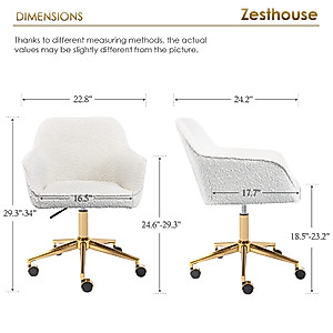 Zesthouse Modern Desk Chair with Wheels, White Swivel Vanity Chair for Girls Women, Upholstered Home Office Chair Boucle Armchair for Bedroom, Height Adjustable Computer Task Chair, Gold Base