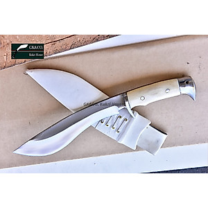 GK&CO. Kukri House Authentic Kukri/khukuri-9 Inch Bahadur Hunter Knife-Carbon Steel Made White Bone Full Tang Handle White Leather Sheath (14" Overall Length)- Handmade from Nepal