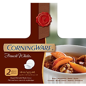 CorningWare French White Pop-Ins 16-Ounce Round Dish with Plastic Cover, Pack of 2 Dishes