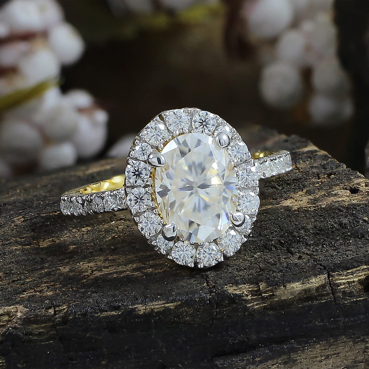 SAVEARTH DIAMONDS Oval & Round Cut Lab Created Moissanite Diamond Solitaire Halo Engagement Ring In 14K Yellow Gold Over Sterling Silver (1.90 Carat) Ring Size -7