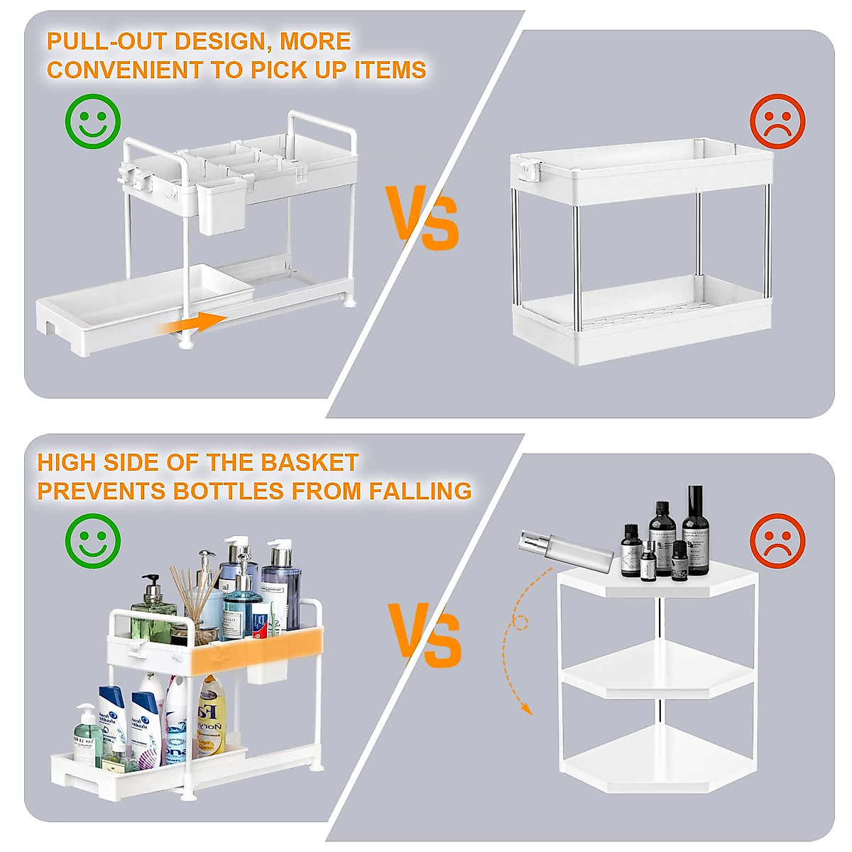 Vantency 2 Pack Under Sink Organizer, 2 Tier Sliding Under Kitchen Cabinet Storage Drawer with Hooks, Hanging Cup, Dividers, Handles and Anti-Slip Foot Mats (2PC-White)