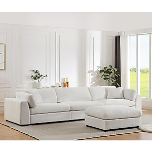 Sectional Sofa Deep Couch with Chaise Modular Sectional Couch with Extra Large Ottoman Corduroy Sectioanl Sofa Sleeper Couch for Living Room Apartment (White, 3 Seater with Ottoman)