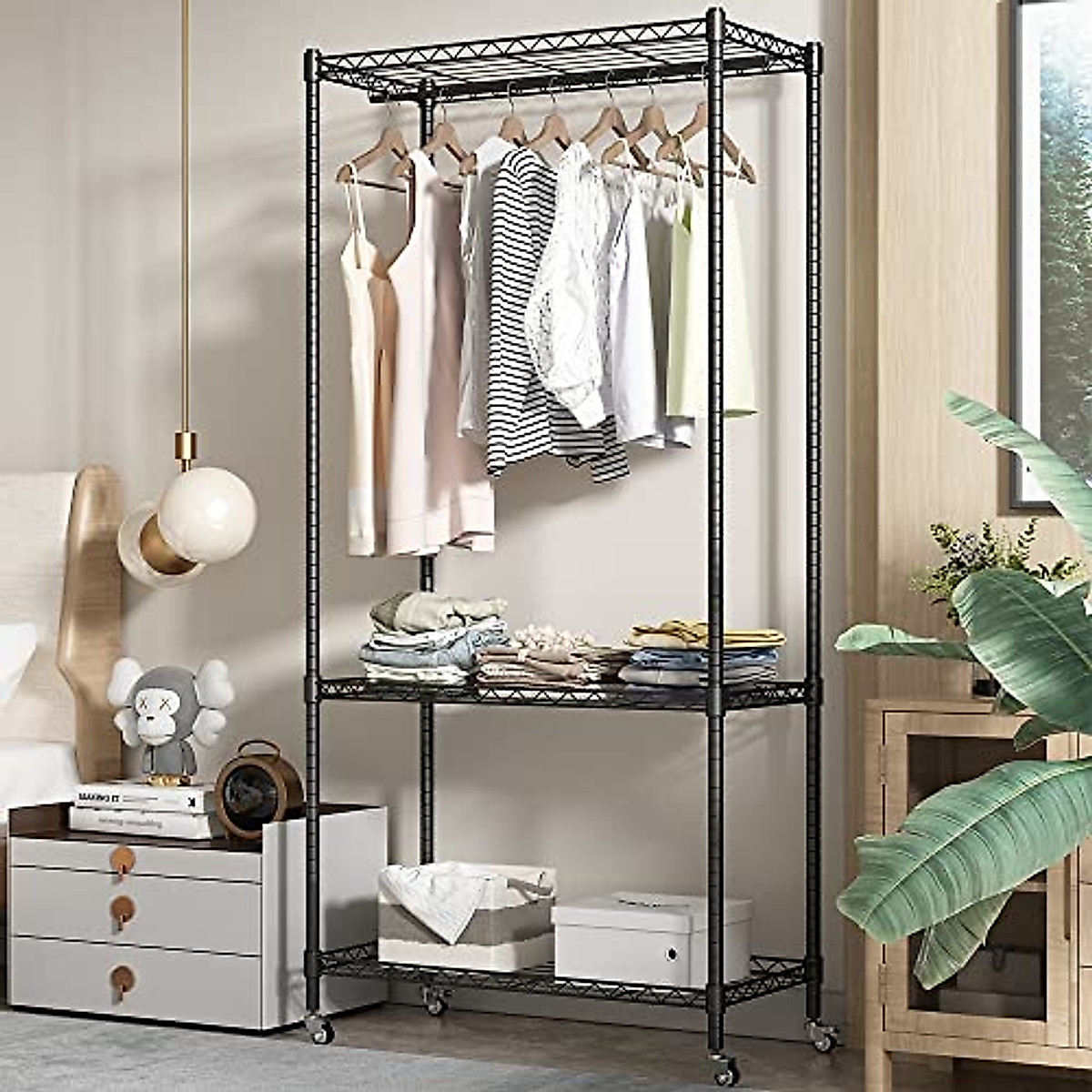 GMIULIG Portable Closets Heavy Duty Garment Rack Clothes Rack for Hanging Clothes Metal Wire Shelving Wardrobe Portable Freestanding Closet Black