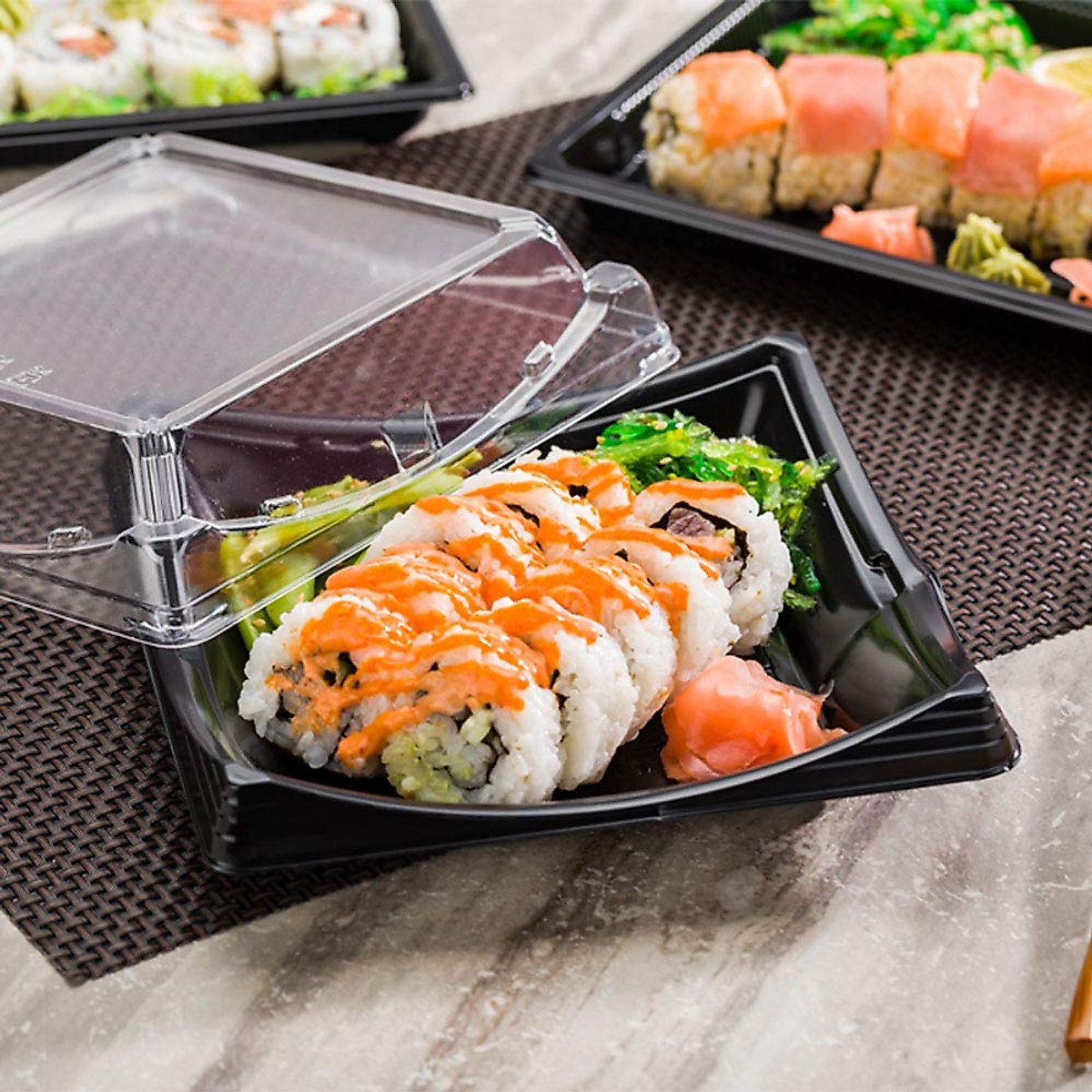 Restaurantware Roku 7.25 Inch Sushi Trays 100 Disposable Sushi Containers With Lids - Square Take Out Containers For Appetizers Entrees or Desserts Black Plastic To Go Containers