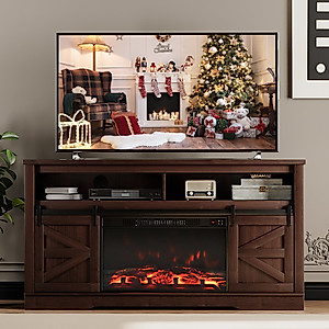 JUMMICO Fireplace TV Stand for 65+ Inch TV with 26'' Fireplace Entertainment Center with Storage Cabinet and Adjustable Shelves, Media Console with Sliding Barn Door for Living Room (Brown)