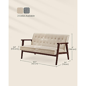 SONGMICS Loveseat Sofa, 2 Seater Cushioned Couch for Small Spaces, Mid-Century Modern 51.2-Inch Wide Seat with Solid Wood Armrests, Easy Assembly, for Living Room Bedroom, Sand Beige ULAC012M01