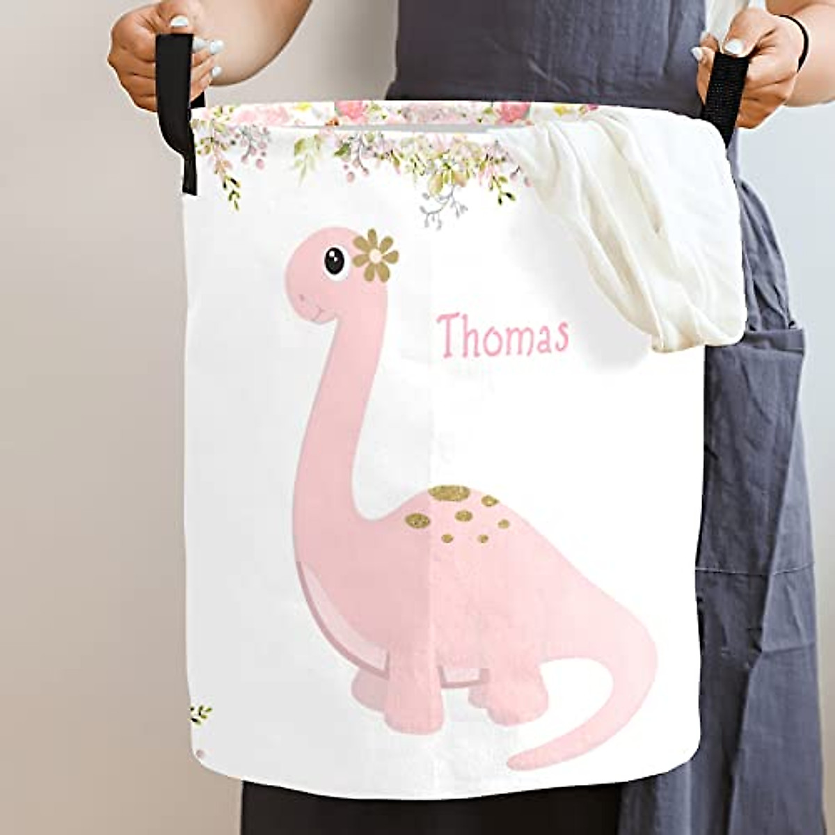 Pink Floral Girl Dinosaur Personalized Laundry Hamper ,Custom Name Collapsible Waterproof Laundry Basket Storage Bins with Handle for Clothes,Toy,Nursery