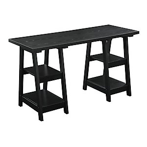 Convenience Concepts Designs2Go Double Trestle Desk with Shelves, Black