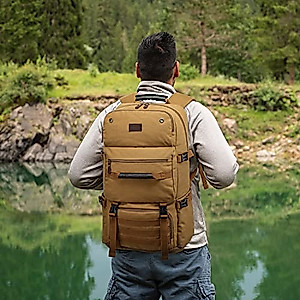 TUGUAN 50/60L Travel Backpack, Laptop Backpack for Men Large Capacity Outdoor Tactical Hiking Backpack with Shoe Compartment Expandable Canvas Rucksack for Travel Camping Climbing, Brown