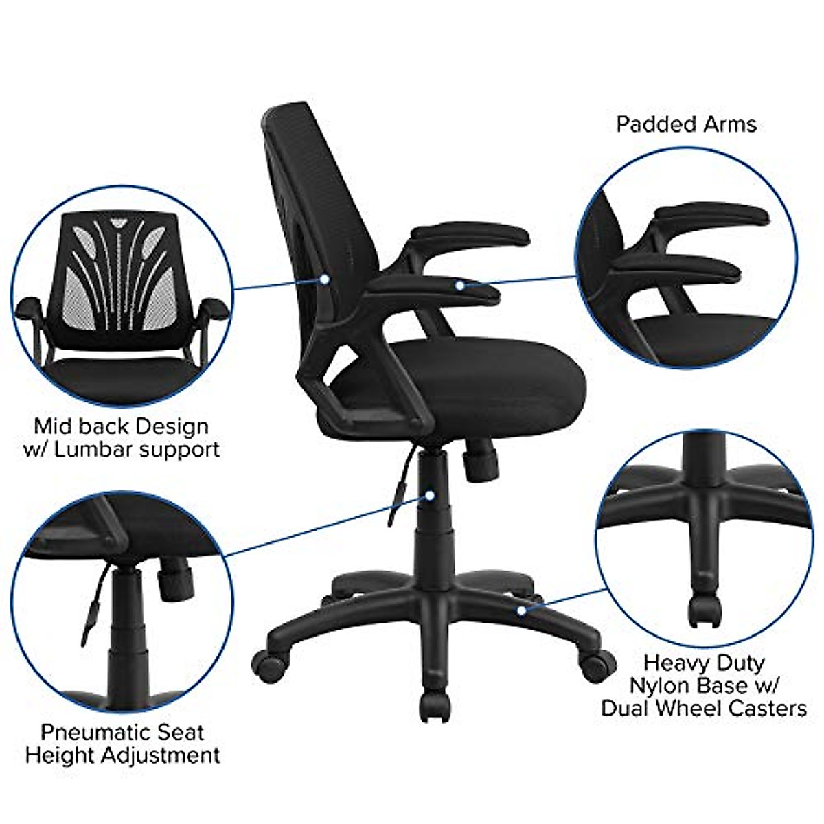 Flash Furniture Mid-Back Designer Black Mesh Swivel Task Office Chair with Open Arms