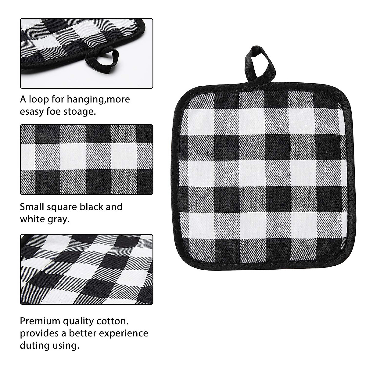 GROBRO7 6Pcs Buffalo Check Plaid Oven Mitts and Pot Holders Set Pure Cotton Heat Resistant Potholders Washable Durable BBQ Gloves with Hanging Loop for Safe Kitchen Baking Cooking Grilling White&Black