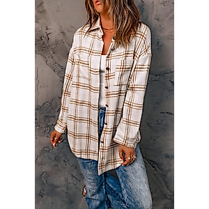 PRETTYGARDEN Women's Fall Clothes Plaid Shacket Jacket Trendy Casual Long Sleeve Button Down Flannel Shirts Fashion Blouse(Plaid Khaki,Medium)