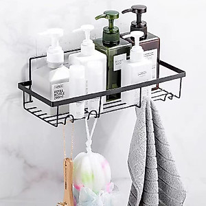 Shower Caddy, Adhesive Shower Organizer, Shower Shelf with 8 Removable Hooks, No Drilling, Rustproof Stainless Steel Black Shower Storage Basket Shelf for Kitchen, Bathroom