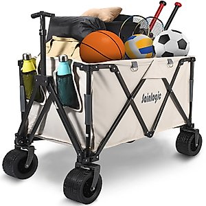 Sainlogic 300L Collapsible Folding Wagon with 450Lbs Large Capacity, Wagons Carts Heavy Duty Foldable with Big All-Terrain Beach Wheels & Drink Holders (Off-white)