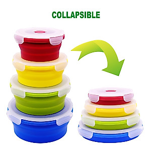 FUSMYE Set of 4 Collapsible Silicone Food Storage Containers With Lids,Round Bowls For Kitchen, Microwave,Dishwasher and Freezer Safe For Camping,Foldable Meal Box, BPA Free