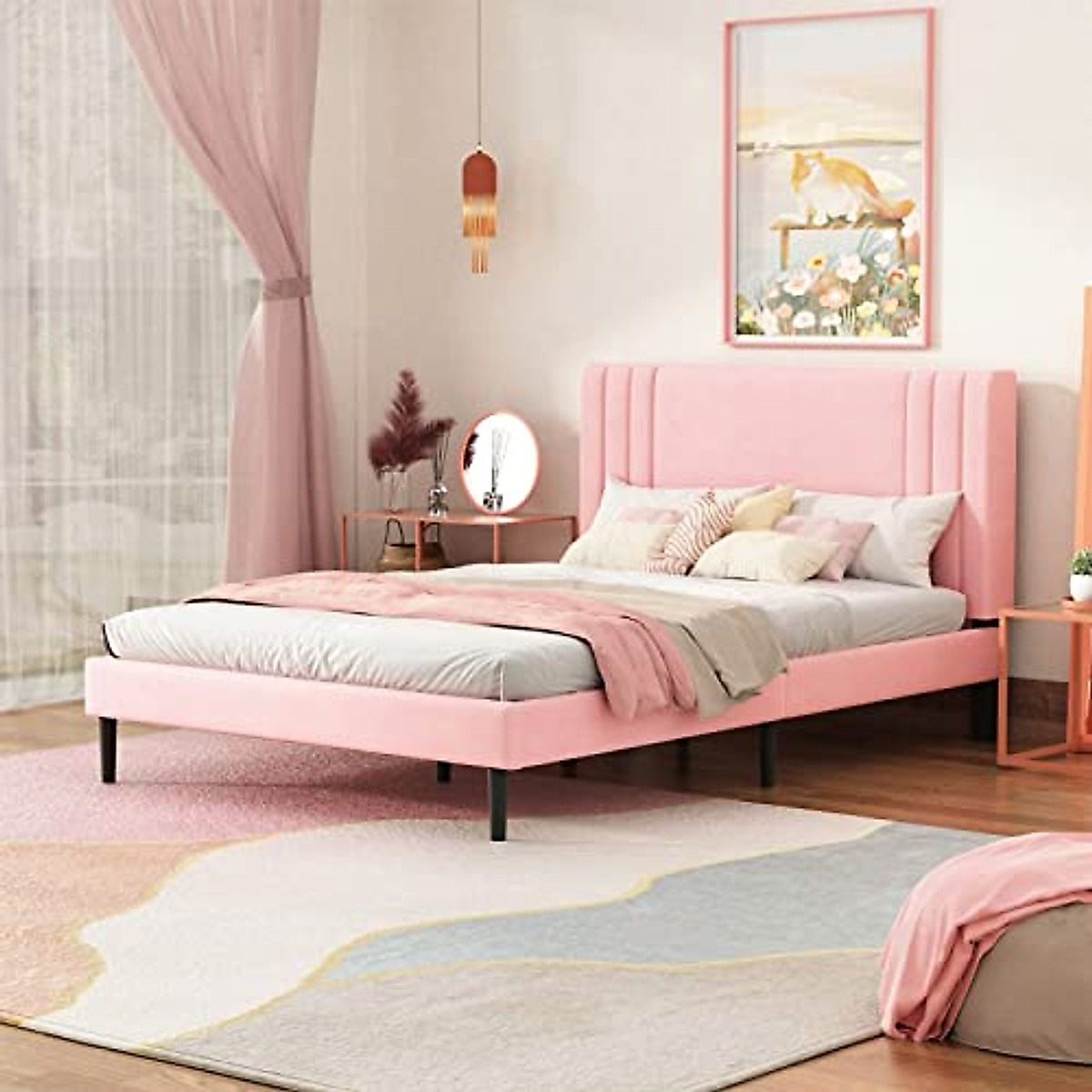 Daznzn Full Size Bed Frame with Headboard, Velvet Upholstered Platform Bed with Strong Wood Slats Support, No Box Spring Needed, Strong Weight Capacity, Noise Free, Easy Assembly, Pink
