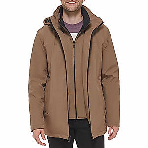 Calvin Klein Men's Hooded Rip Stop Water and Wind Resistant Jacket with Fleece Bib, Dark Tan, XX-Large