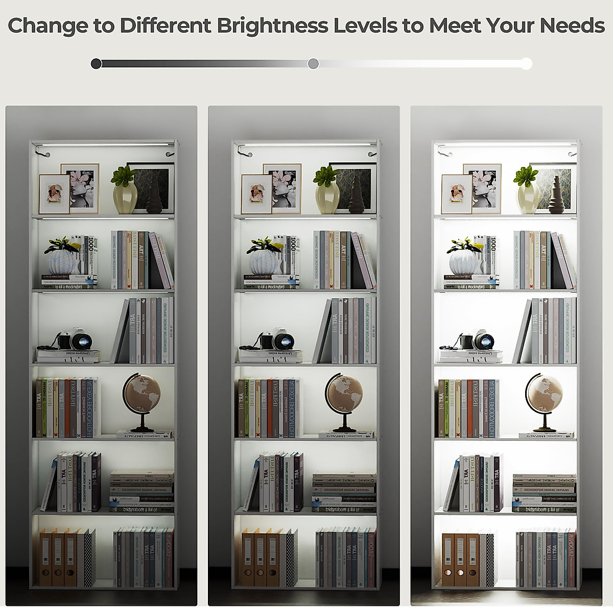 Homhedy 6 Tier Bookcase with LED Lights, 71" H Tall Open Bookshelf, Wooden Display Storage Shelves for Home Office, Living Room, Bed Room,Size:23.6" W x 71.2" H x 9.4" D, White