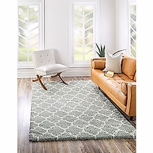Unique Loom Rabat Shag Collection Area Rug - Marble (7' 10" x 10' Rectangle, White Cyan/Ivory)