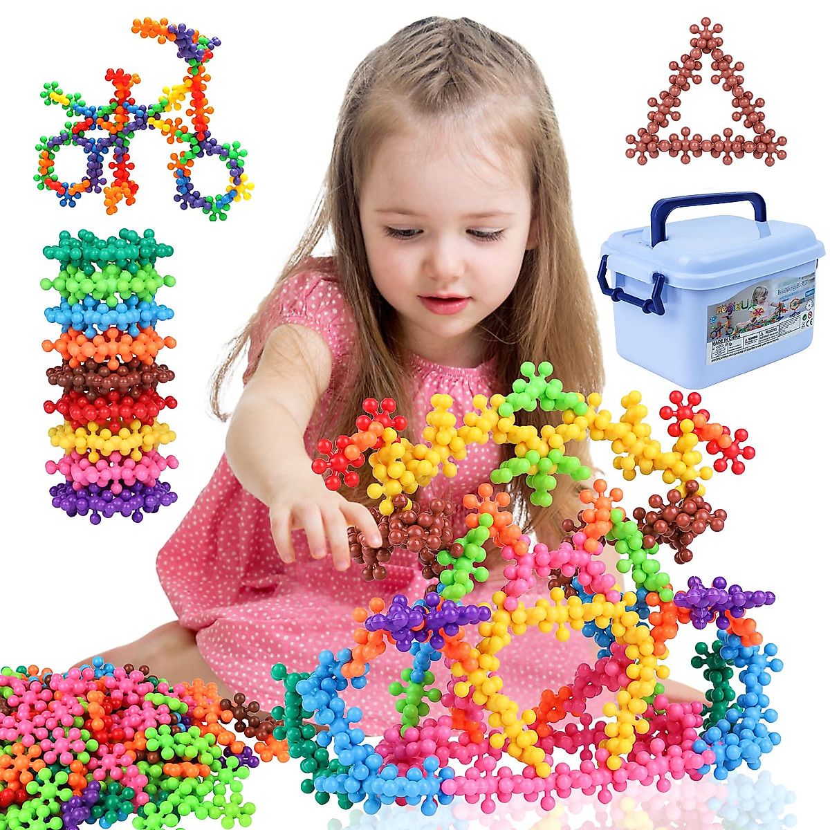 Magic4U 350PCS Building Toys for Kids with Storage Box, STEM Interlocking Blocks Preschool Educational Learning Plastic Connect Block Snowflake Toys for Boys&Girls Aged 3+