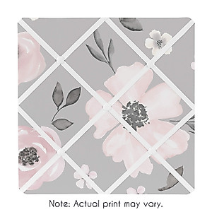 Sweet Jojo Designs Grey Watercolor Floral Fabric Memory Memo Photo Bulletin Board - Blush Pink Gray and White Shabby Chic Rose Flower Farmhouse