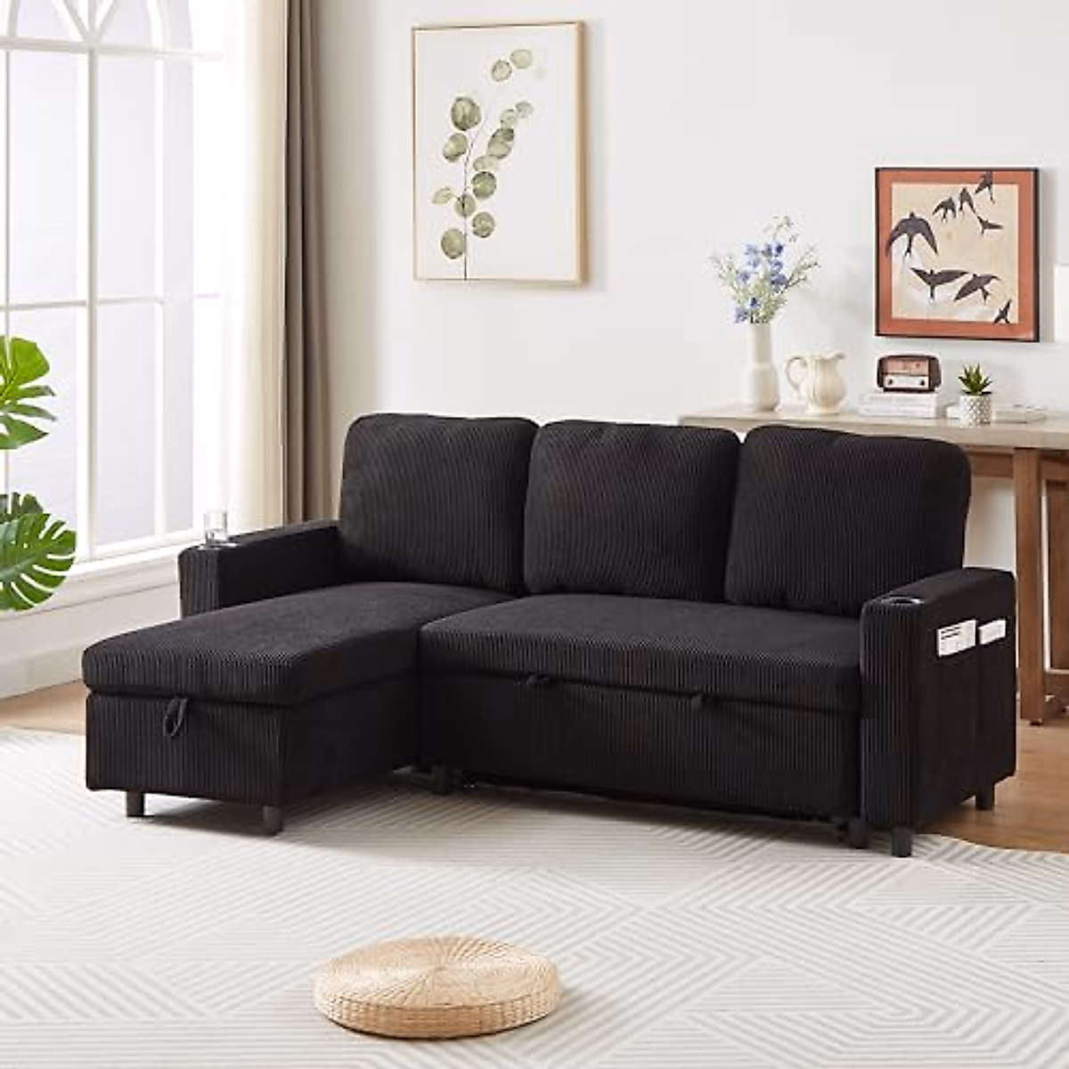 FANYE L-Shaped 3 Seater Reversible Sleeper Sectional Convertible Sofabed Comfortable Corduroy Upholstered Corner Sofa with Pull Out Sleep Couch Bed and Cupholders for Compact Space Living Room