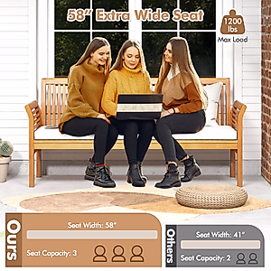 Tangkula Patio 3-Seat Wood Bench, 62.5 Inches Long Acacia Bench with Soft Seat Cushions, Ergonomic Backrest & Armrests, Outdoor Bench Seat for Balcony, Porch, Garden (Off White)