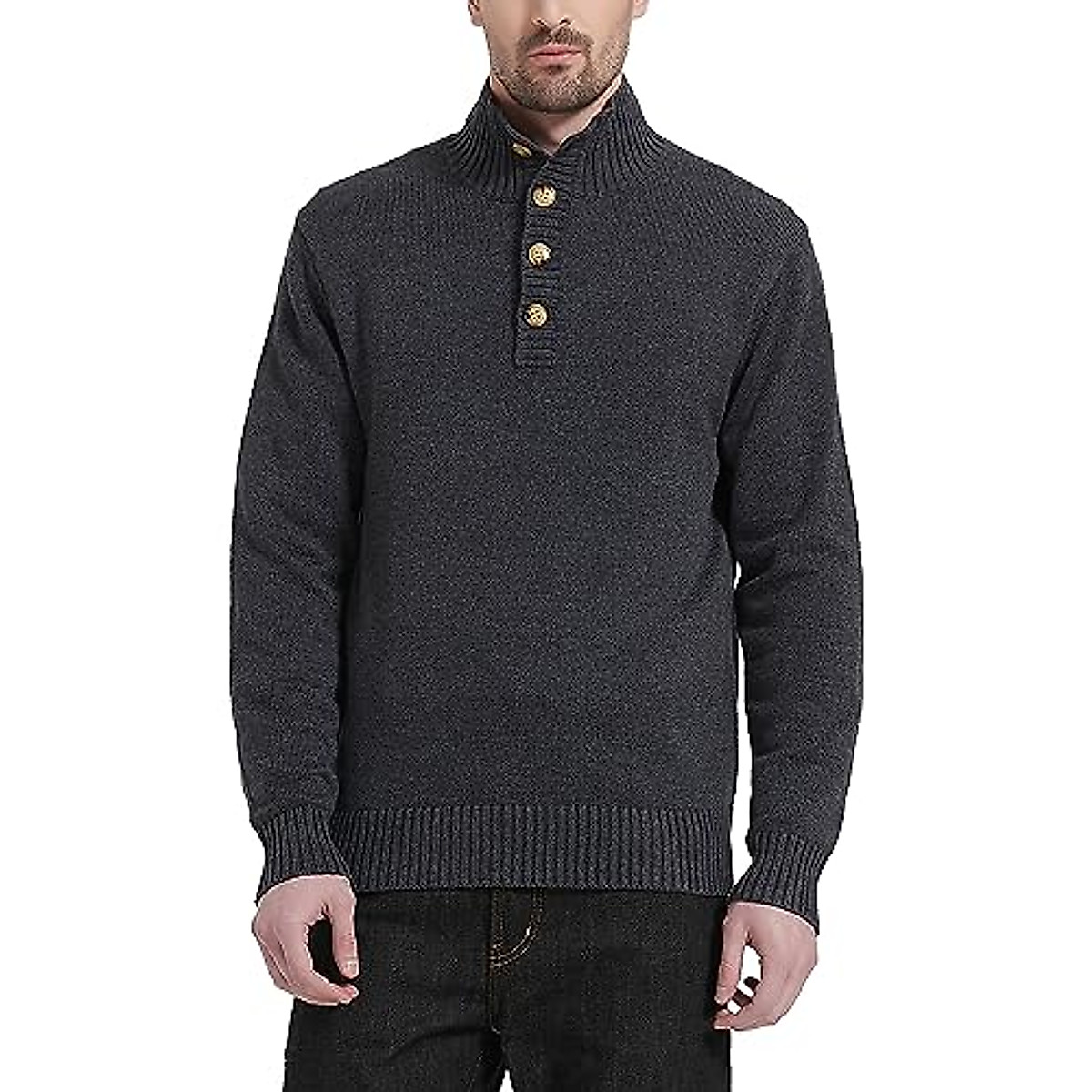 Kallspin Men's Pullover Sweater Wool Midweight Mock Neck Quarter-Button Long Sleeve Pullover(Charcoal Large)