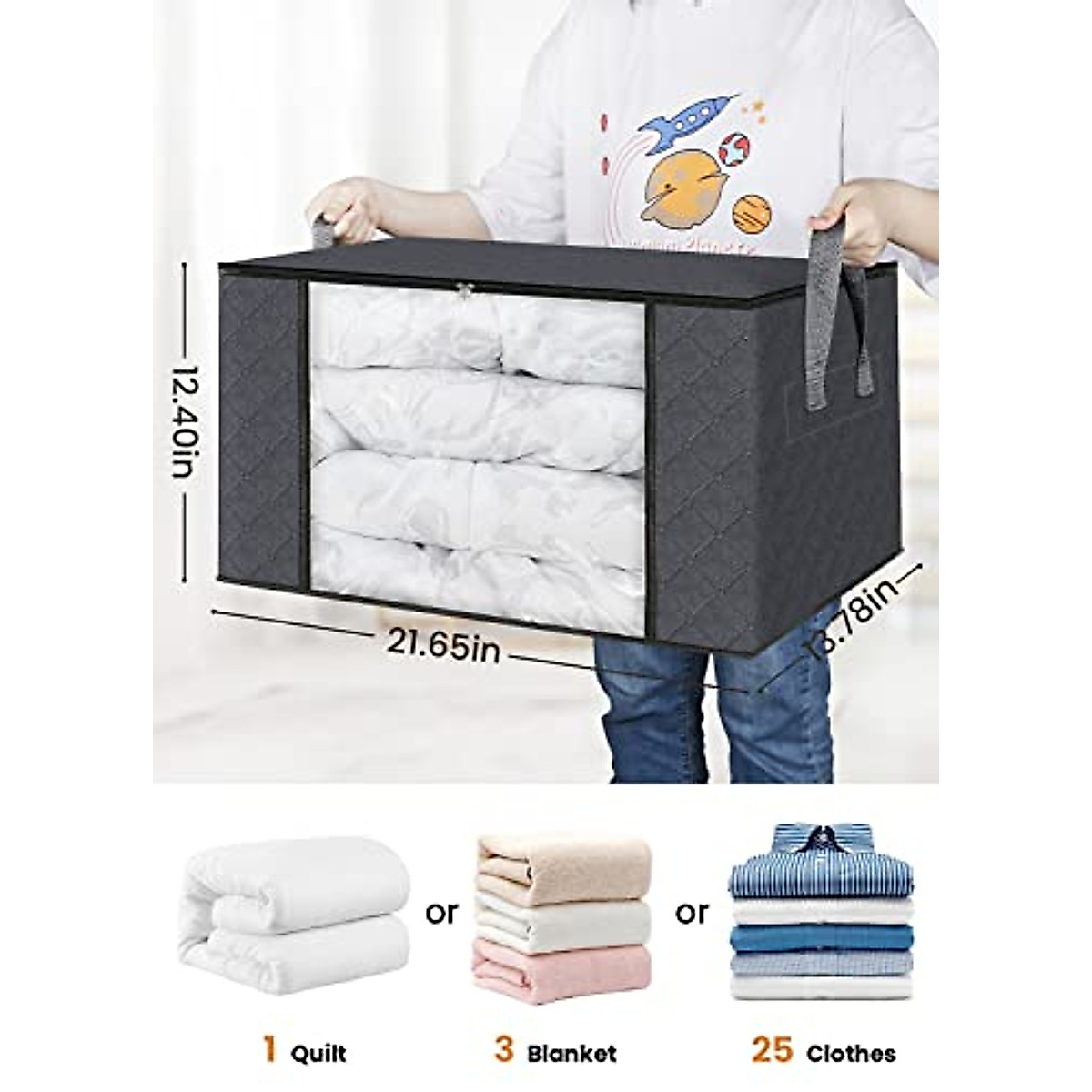 BlissTotes Storage Clothing Bags Storage Clothes Organizer with Reinforced Handle Sturdy Fabric Clear Window for Blankets, Bedding, Collapsible with Sturdy Zipper, 6 Pack, 60L, Grey