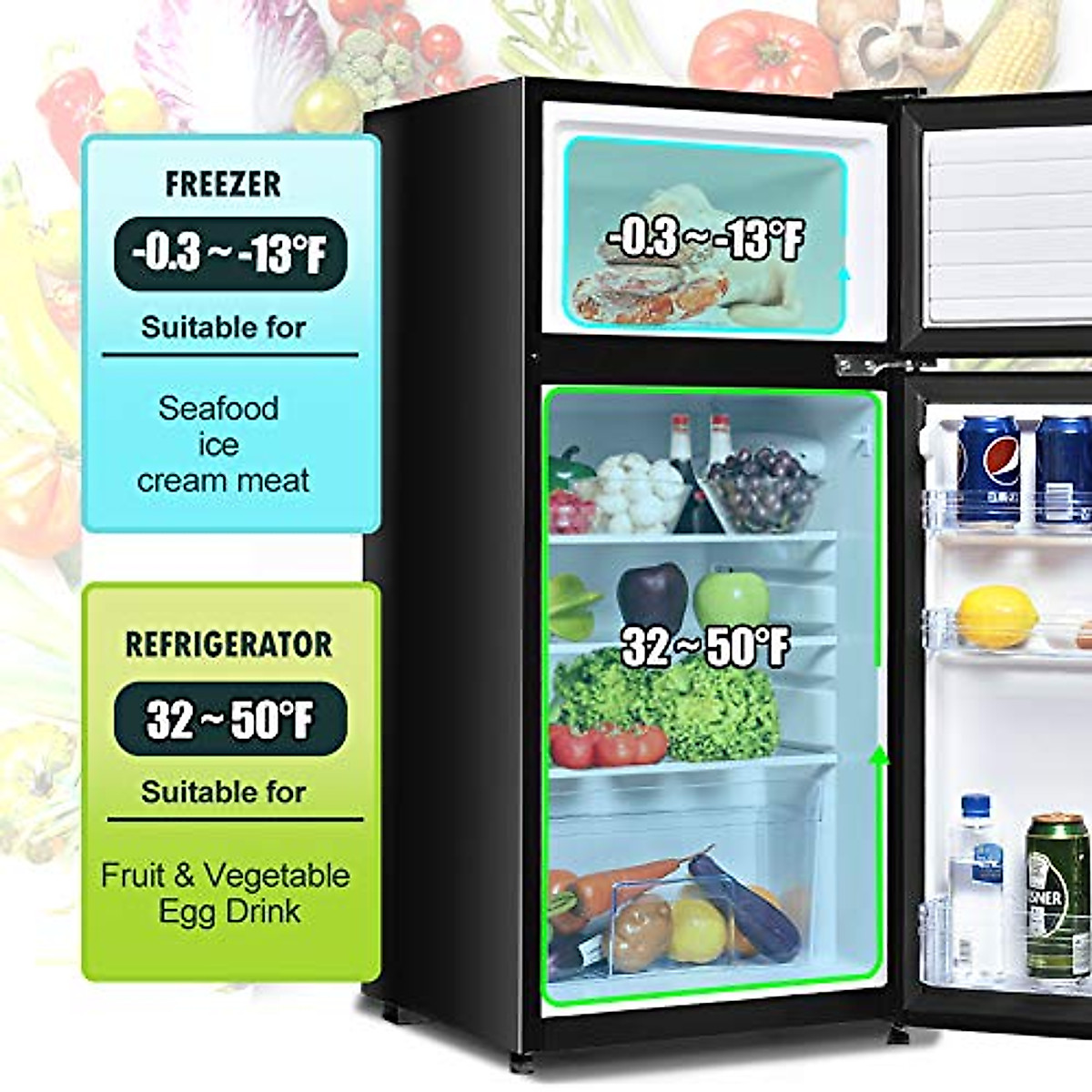 Safeplus Compact Refrigerator, 3.4 cu ft. Unit Cold-rolled Sheet Mini Refrigerator with freezer, Dorm fridge with Adjustable Removable Shelves,Black