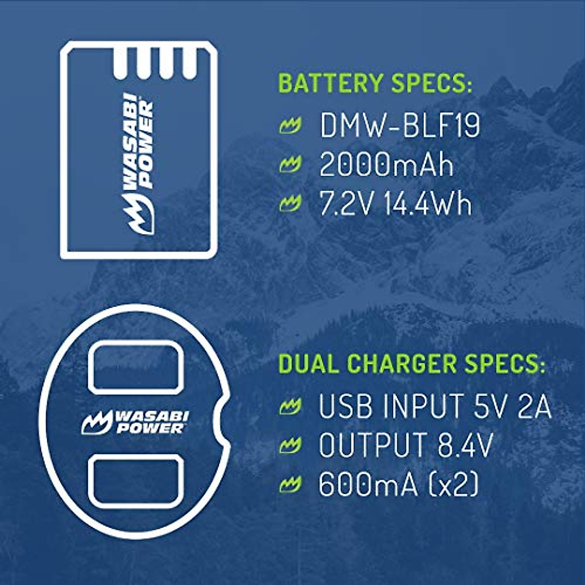 Wasabi Power Battery (2-Pack) and Dual USB Charger for Panasonic DMW-BLF19 and Panasonic Lumix DMC-GH3, DMC-GH4, DC-GH5, DC-GH5S, DC-G9