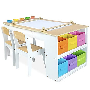 Milliard 2-in-1 Kids Art Table and Art Easel Set with Chairs for Playroom, Toddler Craft and Play Wood Activity Table with Storage Bins and Paper Roll