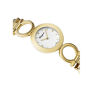 Ferragamo Gancino Collection Luxury Womens Watch Timepiece with a Gold Bracelet Featuring a Gold Case and White Dial
