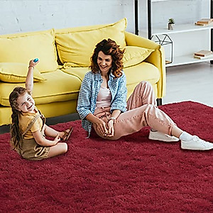 Chicrug Wine Red Fluffy Area Rugs for Living Room Bedroom, Large Area Rug for Kids, Shag Plush Fuzzy Carpet Modern Furry Rug Nursery Playroom Indoor Non Slip Carpet 4x6 Feet