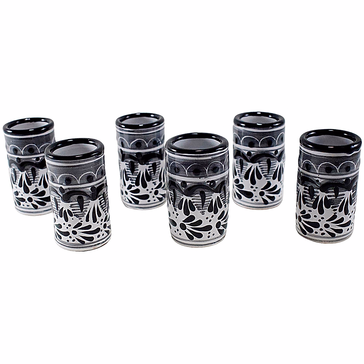 MAREY Mexican Pottery Shot Glasses | Talavera Poblana | Talavera Pottery | Set of 6 Pieces | 100% Handmade | Tequila Cups (Black & White, 2 Oz.)