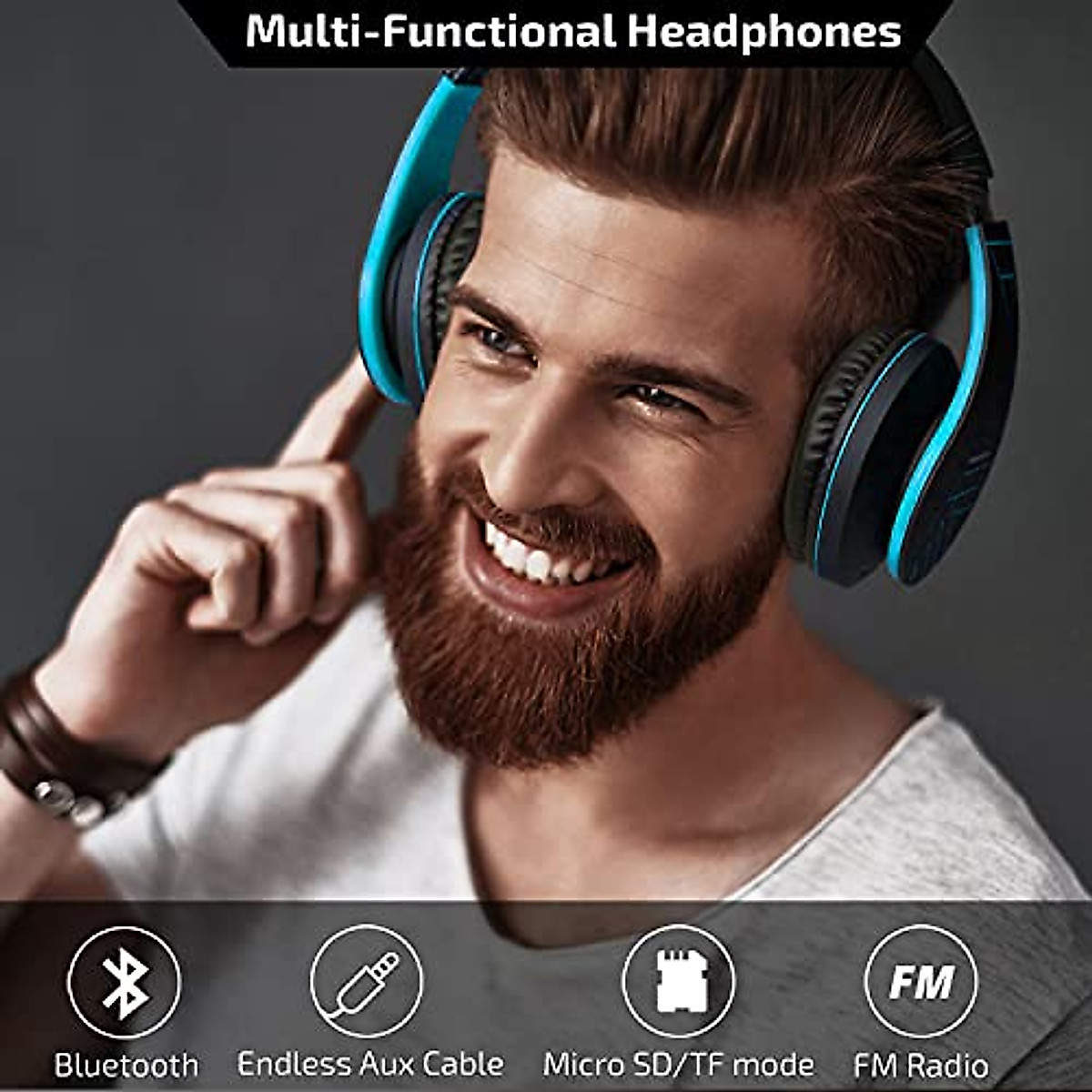 PowerLocus Bluetooth Headphones Over Ear, Wireless Headphones with Microphone, Foldable Headphone, Soft Memory Foam Earmuffs & Lightweight, Micro SD/TF, FM Radio for iPhone/Android/Tablet/PC/TV (Blue)