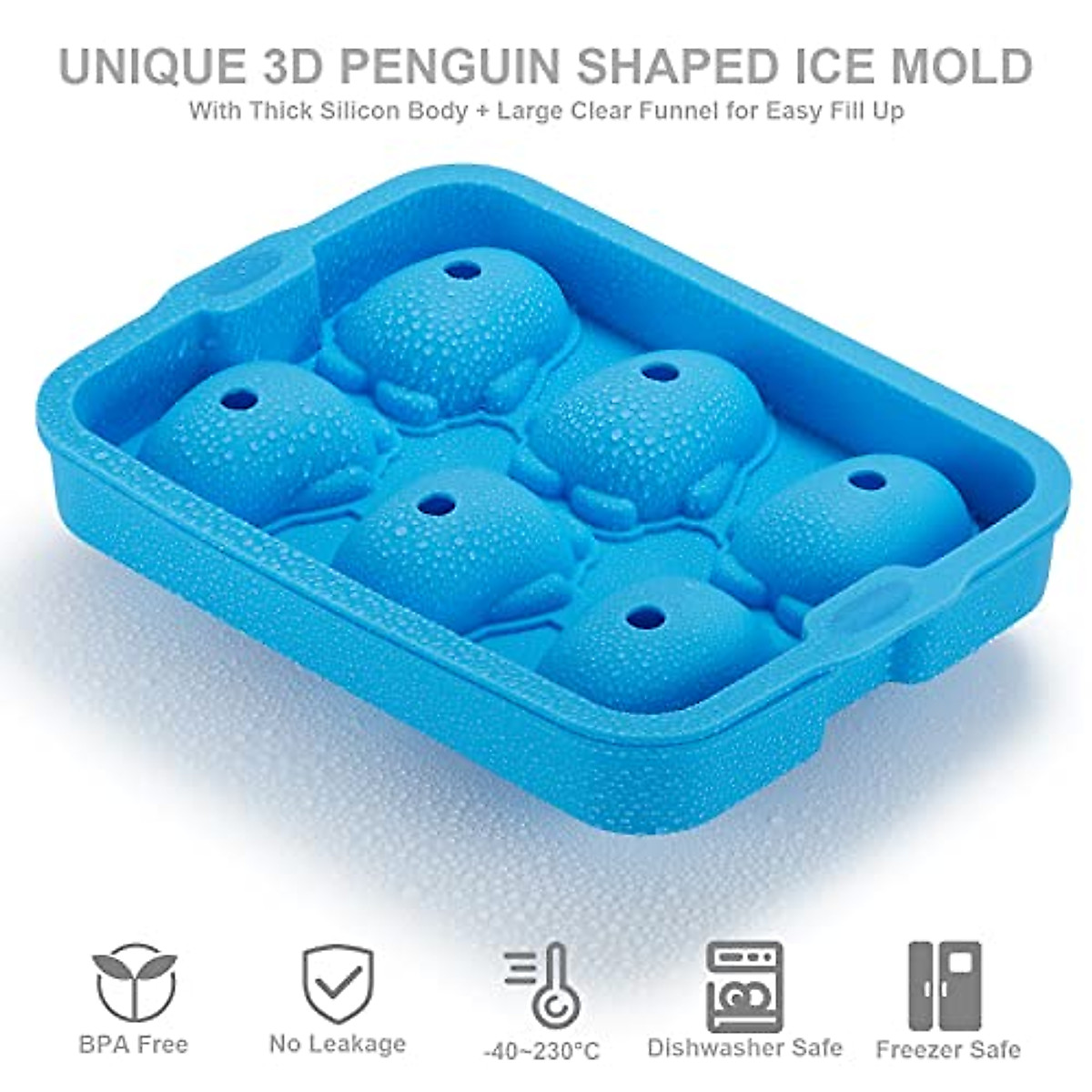 Nax Caki 3D Penguin Gifts Ice Cube Tray Fun Shapes, Odd Novelty Cute Gifts for Penguins Lover, 2.2" Large Silicone Whiskey Ice Mold for Cocktails,Bourbon,Brandy, w/Funnel Blue