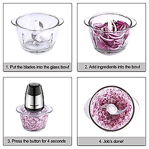 Electric Food Chopper, 5-Cup Food Processor by Homeleader, 1.2L Glass Bowl Grinder for Meat, Vegetables, Fruits and Nuts, Stainless Steel Motor Unit and 4 Sharp Blades, 300W