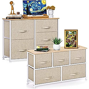 Pipishell Fabric Dresser with 5 Drawers, Wide Dresser Storage Tower, Organizer Unit with Wood Top and Easy Pull Handle for Closets, Living Room, Nursery Room, Hallway