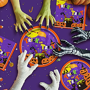 Halloween Party Supplies Kit Serve 50，Halloween Witch Pumpkin Design Includes Disposable Dinner Plates, Dessert Plates and Napkins, Halloween Birthday Party Decorations