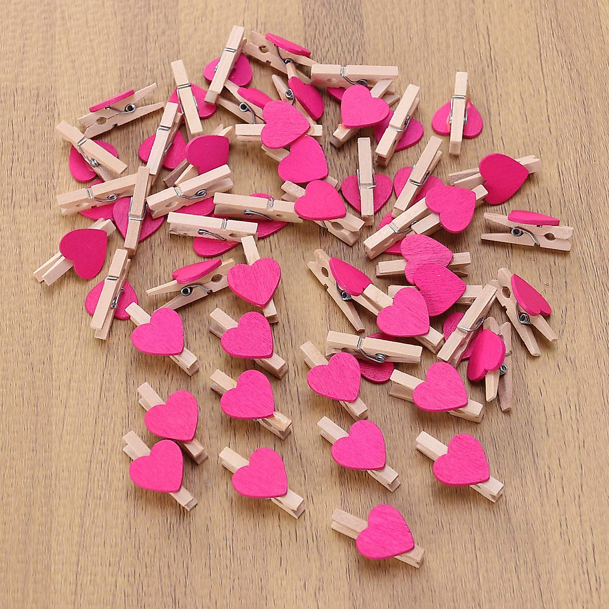 NUOBESTY 50pcs Mini Wooden Clips Clothespins Crafts Clips with Hearts for Wedding Party Valentines Day Decoration Rosy