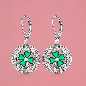 St Patricks Day Earrings Shamrock Earrings for Women Four Leaf Clover Dangle Sterling Silver Celtic Knot Green Irish Shamrock Lucky Jewelry Valentines Day Gifts