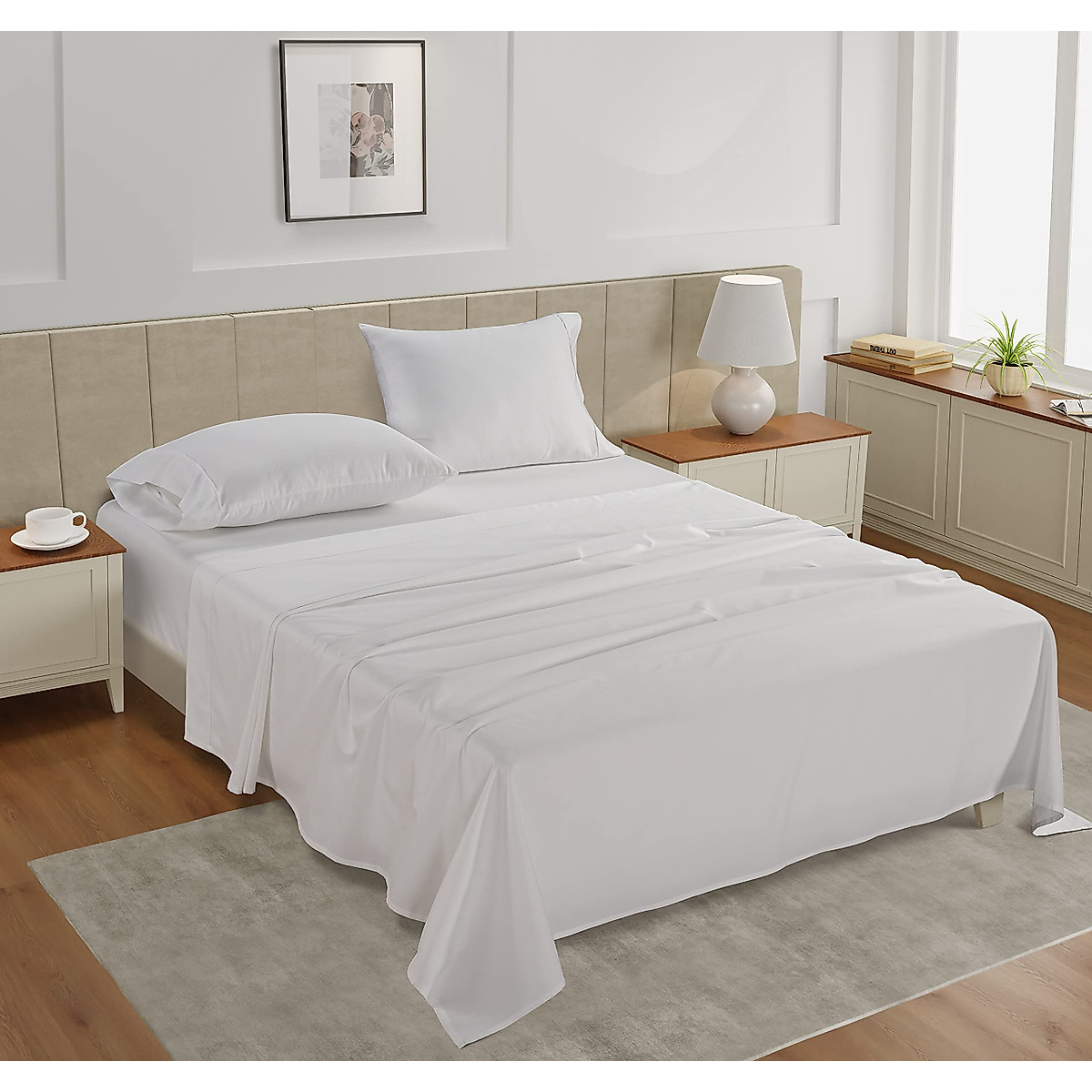 Lane Linen 100% Cotton Sheets – 450 Thread Count Full Size Sheet Set, Naturally Cooling Sateen Sheets, Soft & Comfy, 15” Deep Pocket Fully Elasticized Fitted Sheet, Bedding Sheets & Pillowcases, White