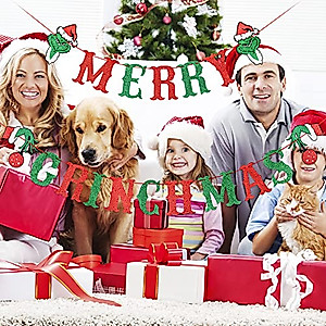 Merry Grinchmas Banner Red & Green Glitter, Grinch Christmas Decorations, Grinchmas Christmas Decorations, Merry Grinchmas Decorations,Christmas Party Decorations,Xmas Mantel Fireplace Home Indoor Outdoor Party Decorations Supplies