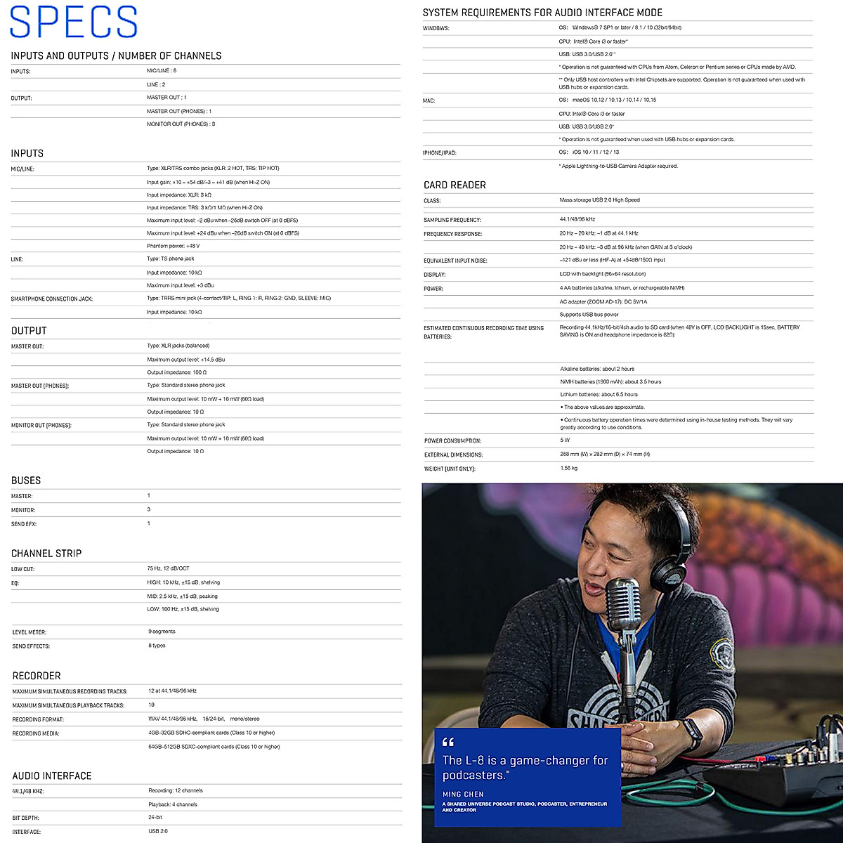 Zoom LiveTrak L-8 Portable 8-Channel Digital Mixer and Multitrack Recorder Bundle with 4x Zoom ZDM-1 Mic with Headphones, Windscreens and Stands + Cleaning Cloth – 4 Person Podcasting Bundle