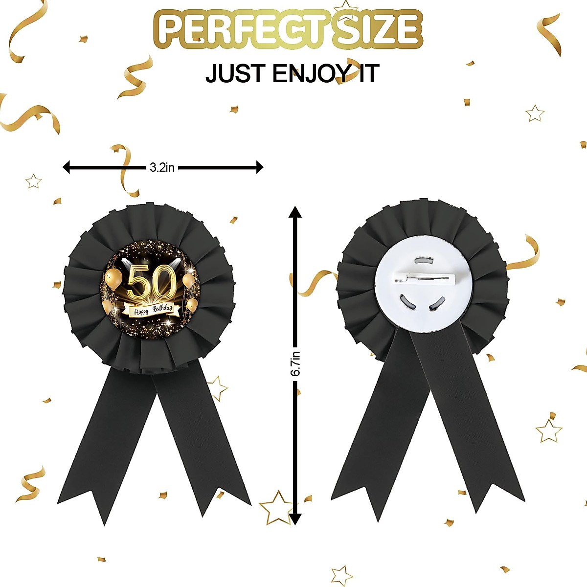 Black Happy 50th Birthday Tinplate Badge Pin, Black Rosette Birthday Button for Men Women, Golden Balloon 50th Birthday Award Badge Pin, Fifty Years Old Birthday Party Decorations