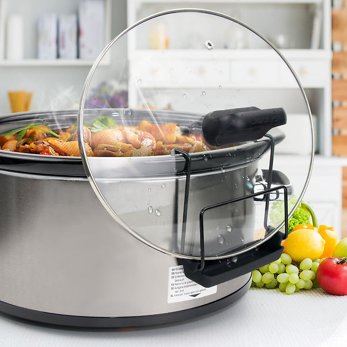 SOPHICO Slow Cooker Lid Holder for Cooking, Hand Free Pot Lid Organizer Fits Most Slow Cookers, Stainless Steel Pot Lid Rack with Silicone Sink Keeps Countertop No Mess (Black, 2 Pack)