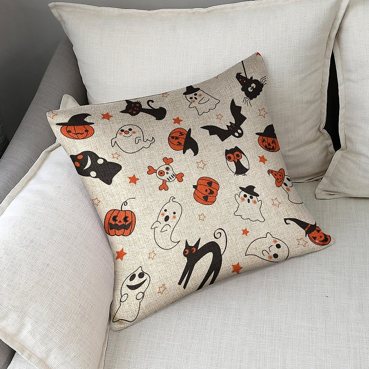 Halloween Ghosts Pattern Throw Pillow Covers 18×18 Pillowcases Set of 2 Cartoon Style Linen Decorative Square Pillow Case Cushion Covers Standard Size for Sofa Couch Outdoor Bed Pillow Protectors