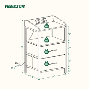 Hzuaneri Nightstands with Charging Station, End Table with 2 Fabric Storage Drawers and Shelves, Modern Side Table with USB Ports & Power Outlets, Greige NS30405B